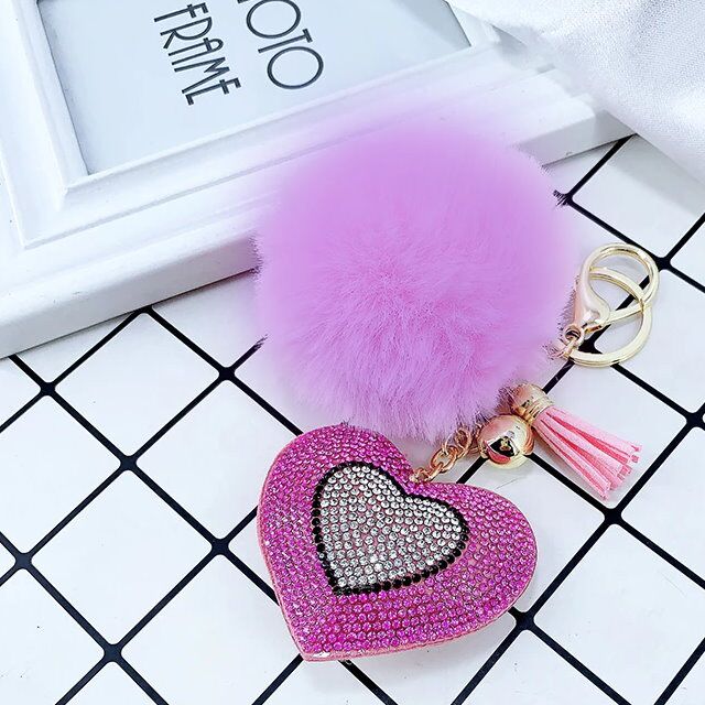 Schlüsselanhänger mit Pompon und strassbesetztem Herz rosa | Zarbi.ch